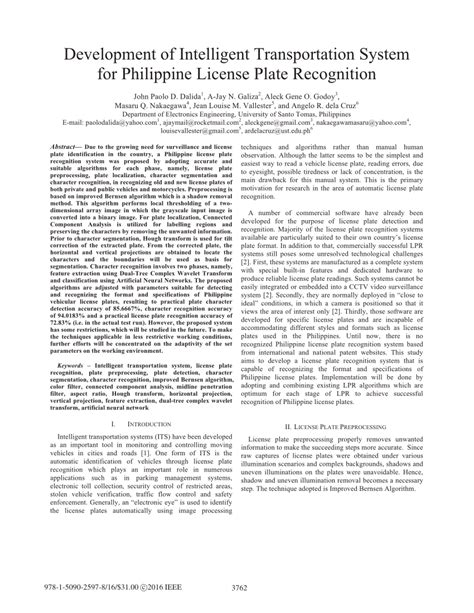 Pdf Development Of Intelligent Transportation System For Philippine License Plate Recognition