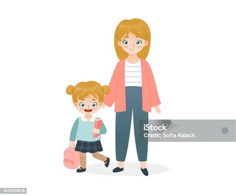 그녀의 어머니와 함께 서있는 귀여운 여학생 딸과 만화 엄마 자녀가 있는 부모 가족에 대한 스톡 벡터 아트 및 기타 이미지