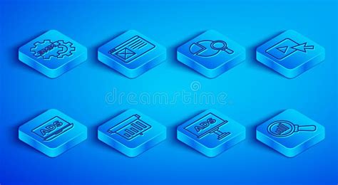 Set Line Social Media Marketing Browser Window Magnifying Glass And Analysis Board With Graph