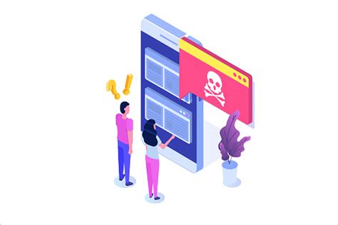 스마트 폰 바이러스 악성 코드 트로이 목마 알림 또는 경고 해커 공격 모바일 보안 벡터 개념 기포에 대한 스톡 벡터 아트 및
