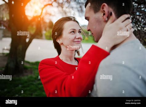 Close Up Portrait Of Couple In Love Girl Looking At Eyes Of Her