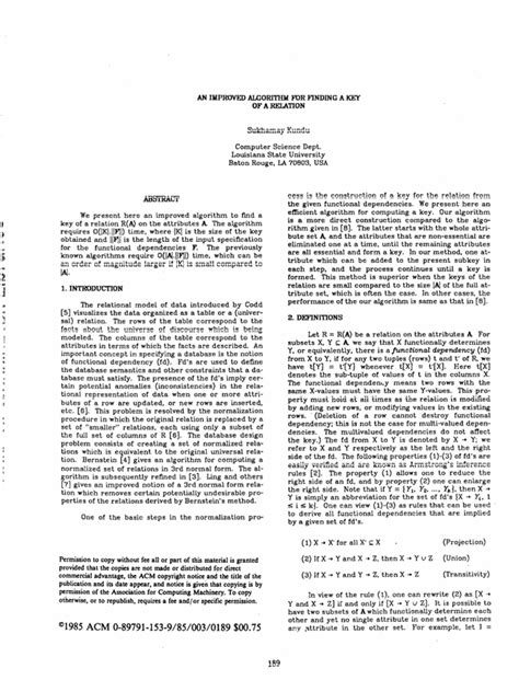 An Improved Algorithm For Finding A Key Of A Relation Proceedings Of