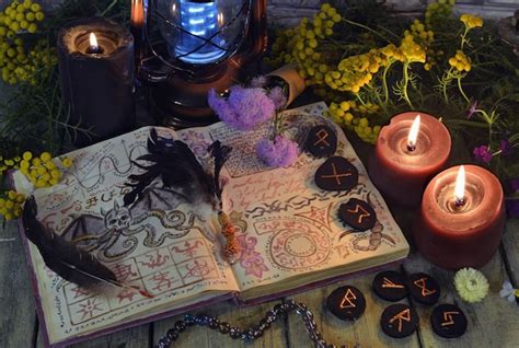 Premium Photo Mystic Still Life With Book Of Spell Runes And Witchy