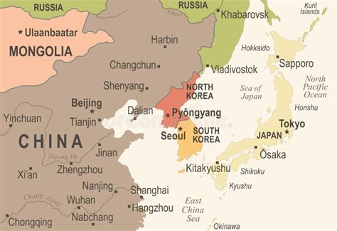 North Korea South Korea Japan China Russia Mongolia Map Vintage