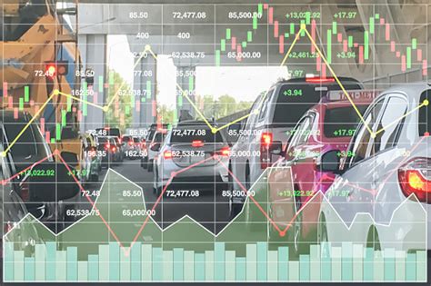 자동차 판매에 대한 성공적인 투자의 주식 금융 지수는 차트 및 그래프 배경으로 표시된 교통 체증 및 교통 문제를 야기합니다 차에