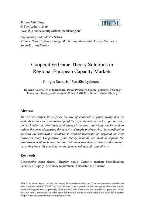 Pdf Cooperative Game Theory Solutions In Regional European Capacity