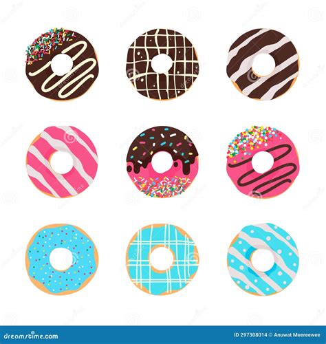 Donut Vector Circle Donuts With Colorful Holes Covered In Delicious Chocolate Stock Vector
