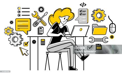 기술자 컴퓨터 엔지니어 여자는 Pc 벡터 개요 그림을 수리하고 소프트웨어 및 하드웨어 시스템 관리자로 시스템 작업을 수정합니다