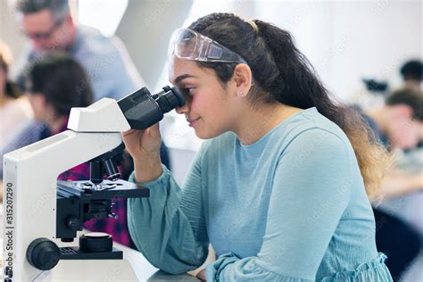 Girl Babe Using Microscope Conducting Scientific Experiment In Laboratory Classroom Stock