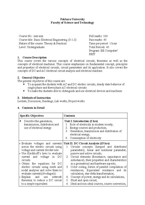 Basic Eletrical Engineering Pokhara University Faculty Of Science And Technology Course No