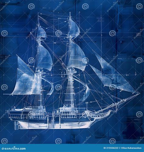 Nautical Ship Blueprint In Cyanotype Style Technical Drawing Of Historical Sailing Vessel