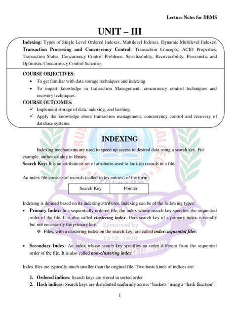 Dbms Unit Iii Notes 2022 23 Pdf Database Index Database Transaction