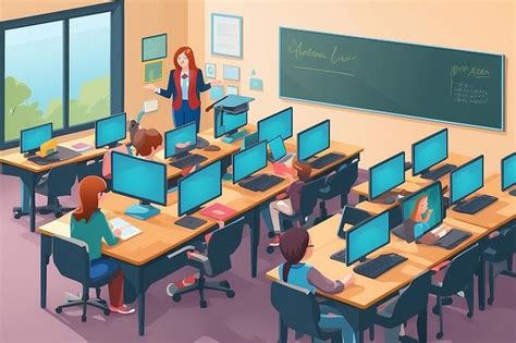 Premium Photo Isometric Computer Classroom With Teacher And Students
