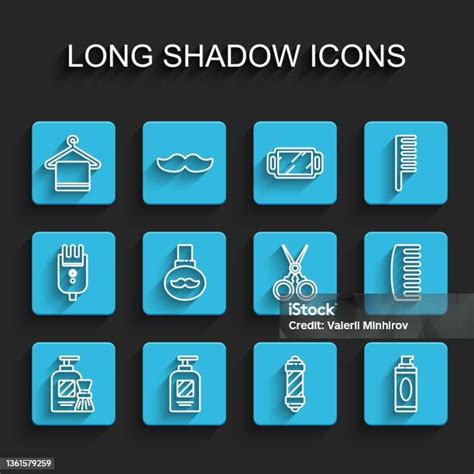 세트 라인 면도 젤 폼과 브러시 샴푸 병 옷걸이에 수건 클래식 이발소 기둥 수염 콧수염 케어 오일 병 헤어 브러시와 가위 미용사 아이콘 벡터 가위에 대한 스톡 벡터 아트 및