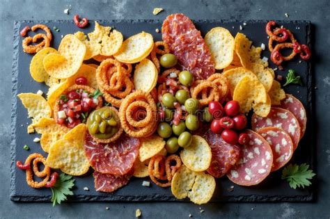 Assorted Snack Platter With Chips Salami Olives And Pretzels On Slate Board Stock Image