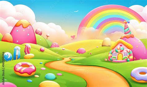 Candyland Background With Rainbow Candy House And Lollipops On The