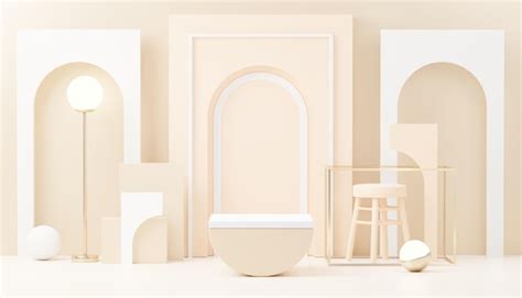 제품 프레젠테이션 및 광고를 위한 3d 렌더링 추상 디스플레이 연단 플랫폼 깨끗한 디자인의 최소 장면 배경 모의용 빈 받침대 화장품용 파스텔 색상의 빈 무대 프리미엄 사진