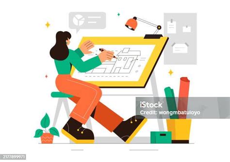 제도 엔지니어 또는 건축가가 드로잉 보드에서 작업하고 계획을 투영하고 건설 프로젝트에 대한 초안을 만드는 벡터 일러스트레이션 건설 산업에 대한 스톡 벡터 아트 및 기타