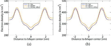 Electron Density For A Dopc And B Popc Bilayers At 1 Bar Blue And Download Scientific