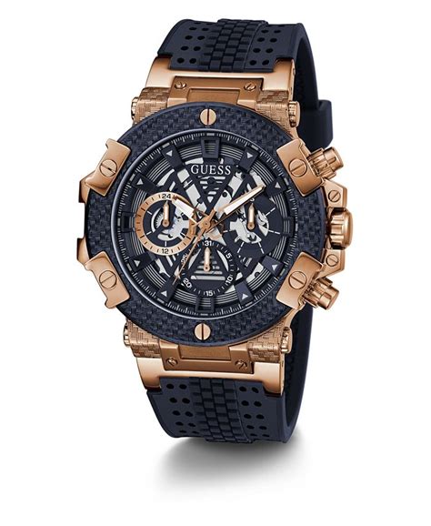 Guess Mens Rose Gold Tone Navy Genuine Leather Silicone Strap Multi