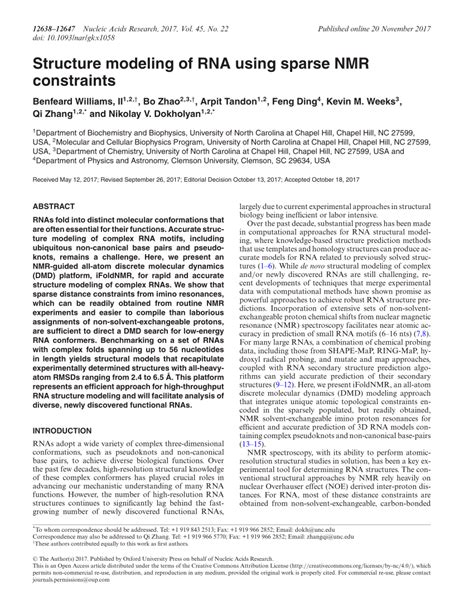 Pdf Structure Modeling Of Rna Using Sparse Nmr Constraints