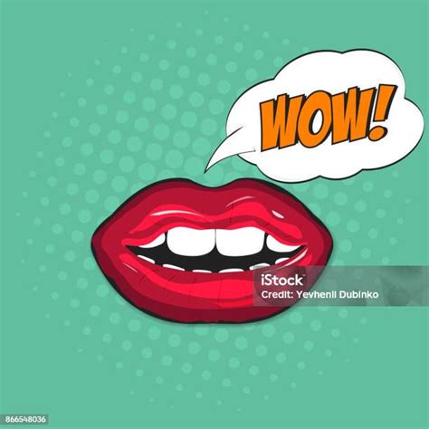 버블 팝 아트 스타일에서 여성 입술입니다 거품 안에 글자 와우입니다 하프톤 배경으로 복고풍 만화 그림 1960 1969 년에 대한 스톡 벡터 아트 및 기타 이미지 Istock