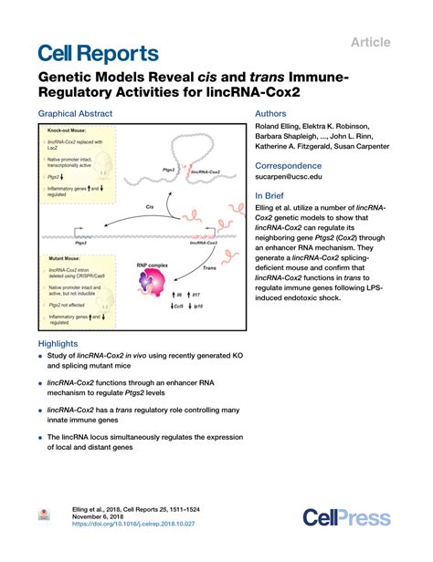 Pdf Genetic Models Reveal Cis And Trans Immune Regulatory Activities For Lincrna Cox2