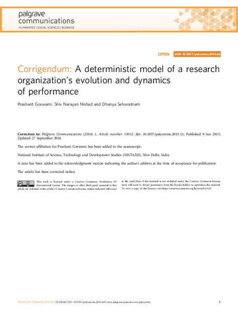 Pdf Erratum A Deterministic Model Of A Research Organizations Evolution And Dynamics Of