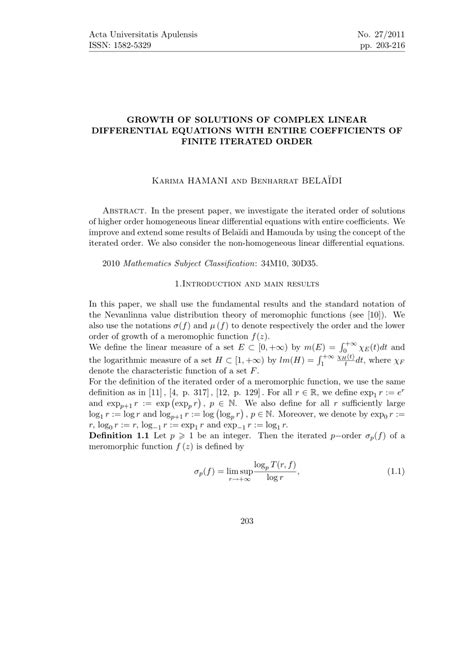 Pdf Growth Of Solutions Of Complex Linear Differential Equations With Entire Coefficients Of