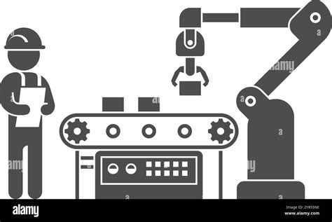 Engineer Working On Automatic Assembly Line Factory Conveyor Stock