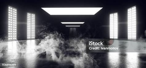 연기 안개 빈 네온 스튜디오 활기찬 공상 과학 Fi 무대 댄스 조명 흰색 반영 그런 지 콘크리트 큰 흰색 빛나는 빛 어두운 홀