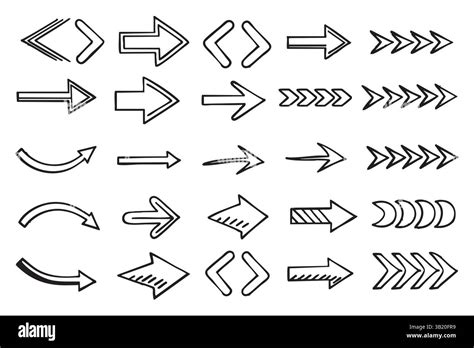 Outline Hand Drawn Arrows Icon Set In Doodle Style Vector Graphics