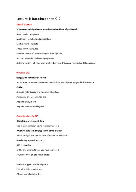 Gis Revision 1 3 Lecture Notes 123 Lecture 1 Introduction To Gis Spatial Is Special What