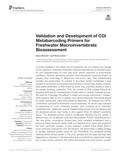 Pdf Validation And Development Of Coi Metabarcoding Primers For