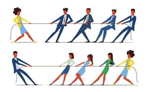 사업가는 남성 동료 그룹과 줄다리기에서 경쟁하고 사업가는 여성 그룹과 경쟁합니다 남성 대 여성 직장에서의 갈등 만화 플랫 캐릭터