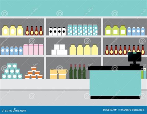 Grocery Shop Interior With Food Product Shelves Racks And Checkout