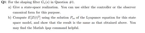 For The Shaping Filter Gss In Question 1 A Give