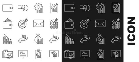 set line board with graph chart money on hand target coin symbol pie