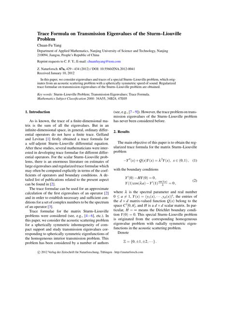 Pdf Trace Formula On Transmission Eigenvalues Of The Sturm Liouville Problem