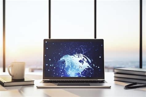 추상 프로그래밍 언어 홀로그램과 세계 지도 인공 지능 및 신경망 개념 3d 렌더링이 포함된 최신 컴퓨터 디스플레이 프리미엄 사진