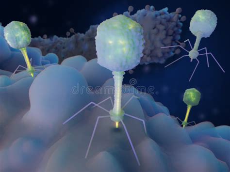 Bacteriophages Injecting Their Genome Into Bacteria Stock Illustration