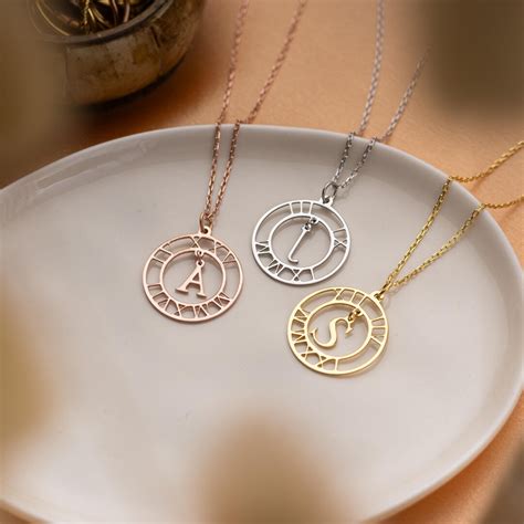 14k Gold Roman Numeral Initial Necklace Personalized Circle Pendant