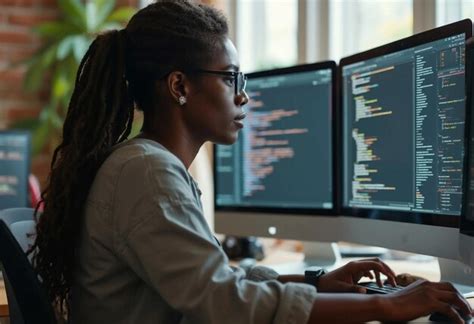 Side View Of Young African American Female Software Developer Coding On