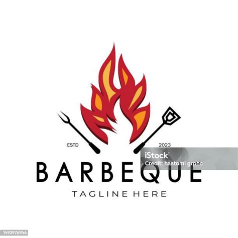 Smoke And Bbq Barbecue 빈티지 핫 그릴 교차 불꽃과 주걱 레스토랑 배지 카페 및 Barvector 로고 고기에 대한 스톡 벡터 아트 및 기타 이미지