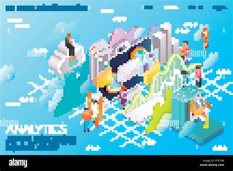 3d Isometric Analytics Application Concept With Graphs Charts Symbols And Business People Stock