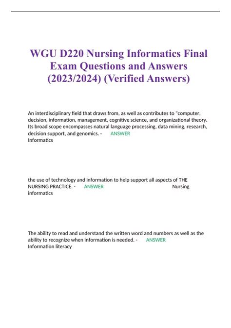 Wgu D220 Nursing Informatics Final Exam Questions And Answers 2023 2024 Verified Answers