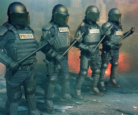 Swat Riot Gear Swat In Black Uniform Face Mask And Bulletproof Vest