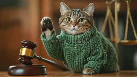 A Cat Wearing A Green Sweater Is Sitting On A Desk Next To A Gavel