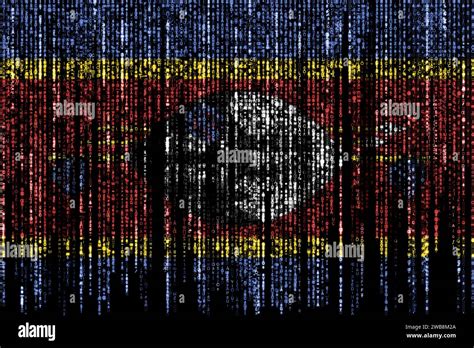 flag of eswatini on a computer binary codes falling from the top and