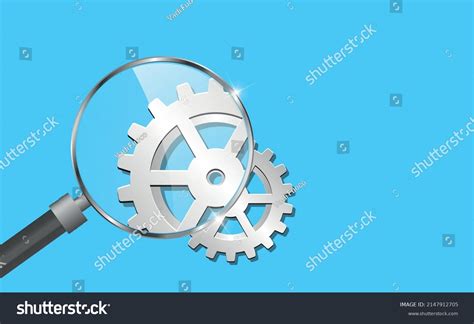 Magnifying Glass Gears On Blue Background Stock Vector Royalty Free 2147912705 Shutterstock